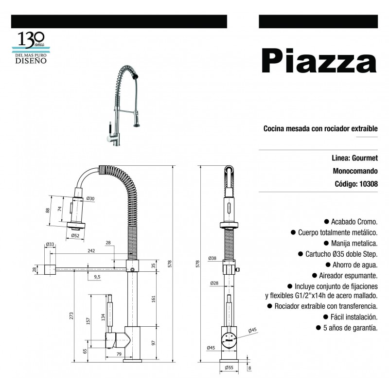 Griferia de cocina10308 Piazza Gourmet Monocomando Metalica
