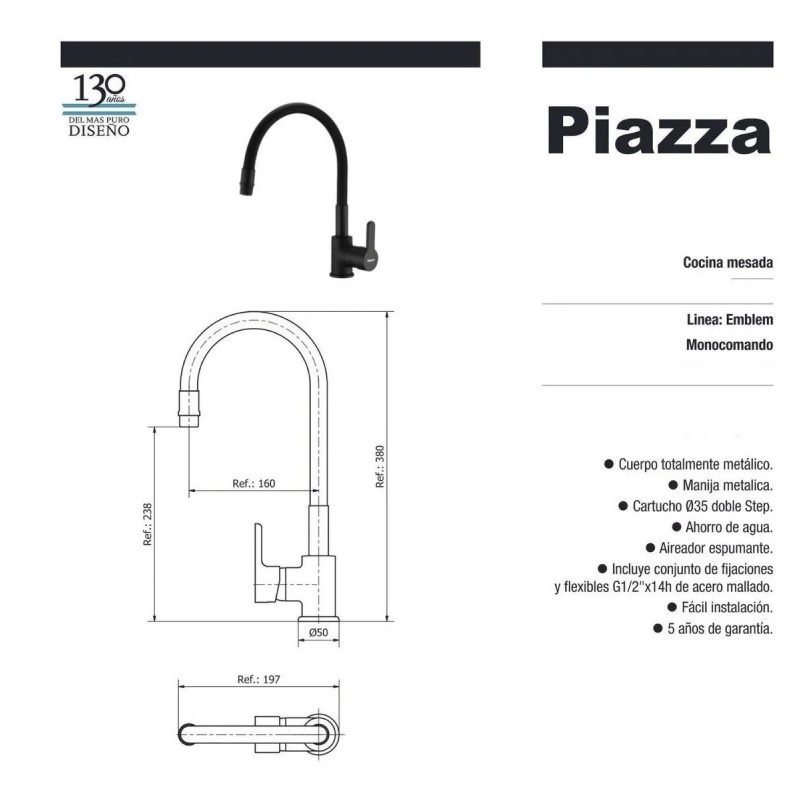 Grifería Cocina 10017ne Negra Flexible Monocomando Piazza