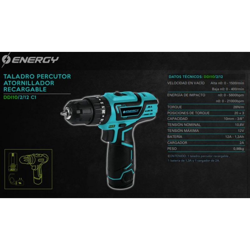 Taladro atornillador percutor recargable, 10mm, Bateria Litio-Ion 12V 1 ...