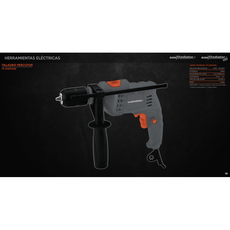 Taladro Electrico Percutor 13mm 650w Tp 413/7/220 Gladiator